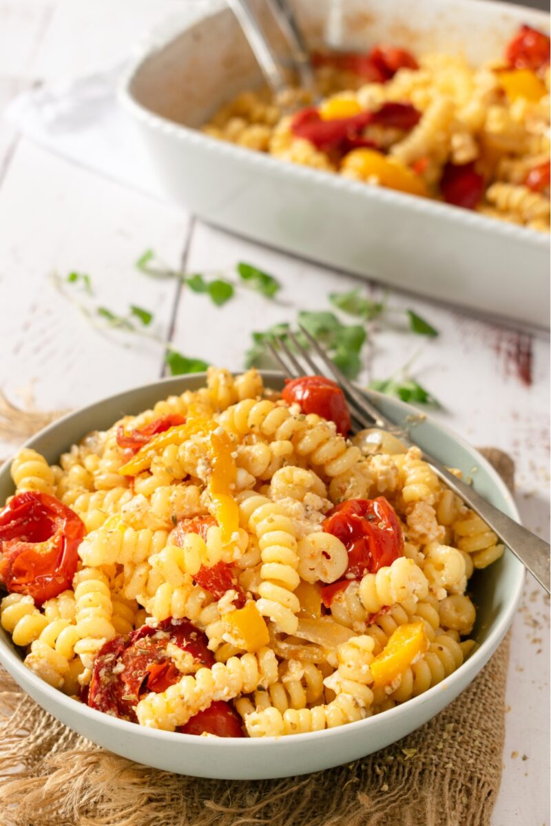 Baked Feta Pasta with Cherry Tomatoes and Peppers - Mediterranean Living
