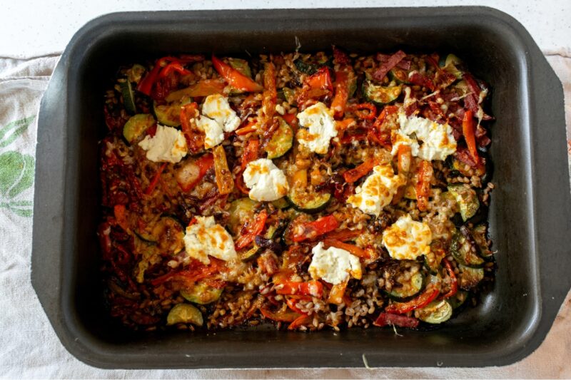 Farro Pizza Bake with Pepperoni and Vegetables - Mediterranean Living